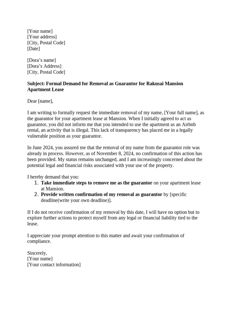 Demand Letter Removal of Name As A Guarantor | PDF