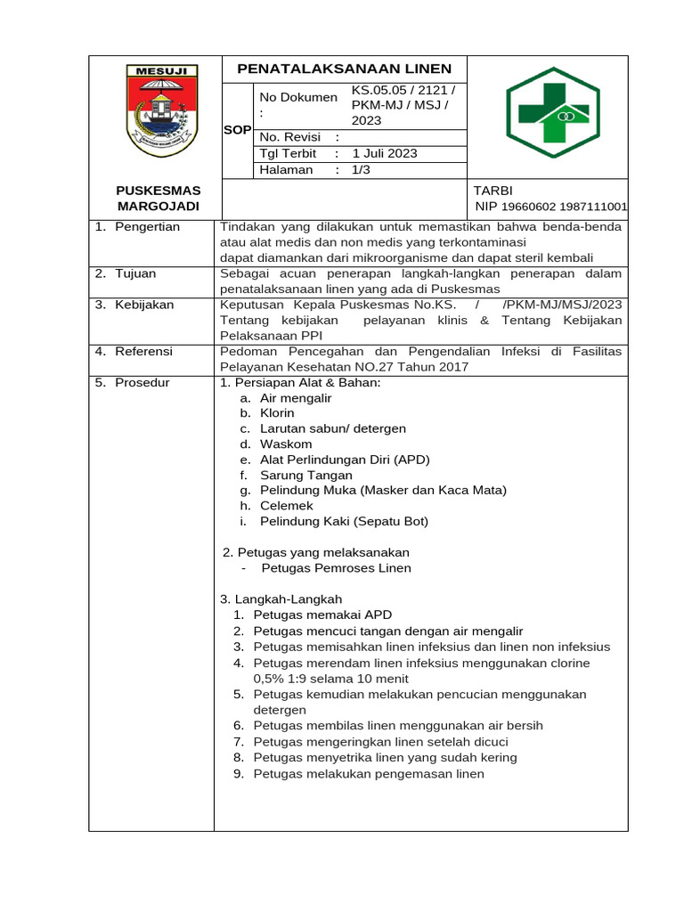 SOP PENATALAKSANAAN LINEN Revisi | PDF