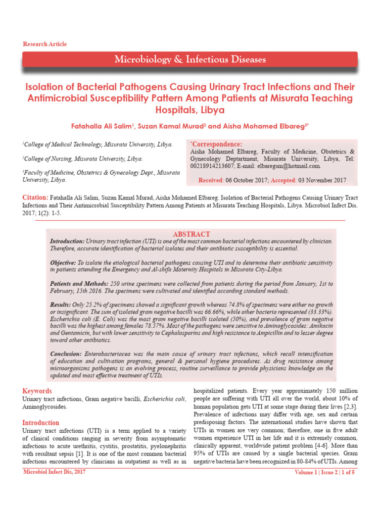 Isolation of Bacterial Pathogens Causing Urinary Tract Infections and ...