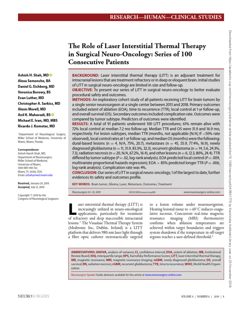 Shah 2019 The Role of Laser Interstitial Thermal Therapy | PDF ...