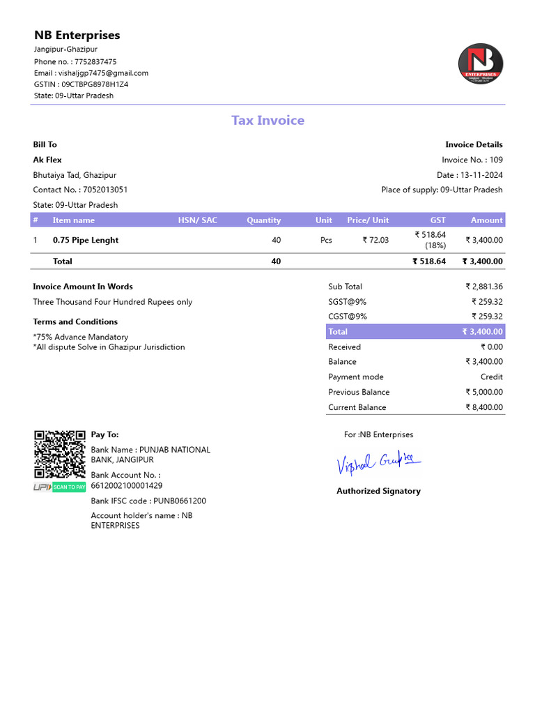 Tax Invoice - 109 - 13 - 11 - 24 | PDF | Invoice | Money