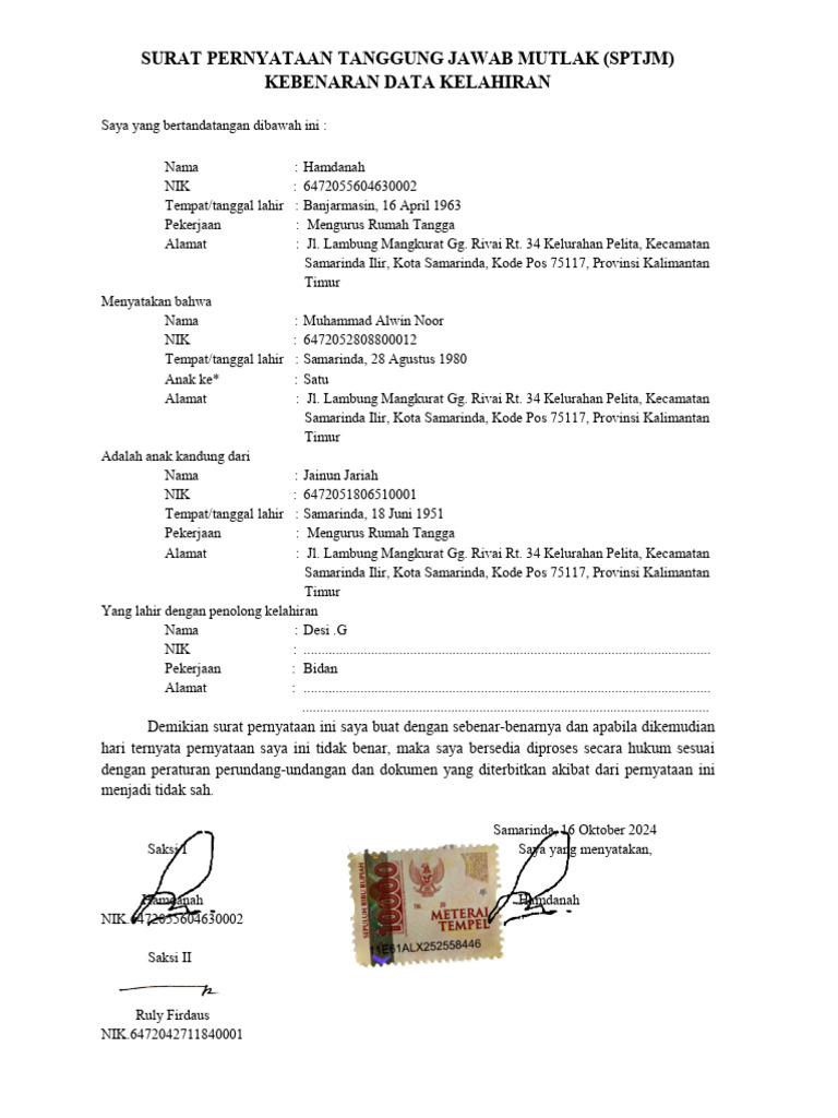 SPTJM Kelahiran Alwin Noor | PDF