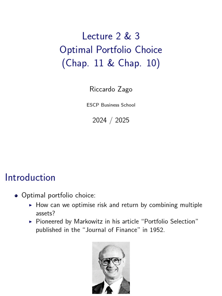 Lecture 2 & 3 Optimal Portfolio Choice (Chap. 11 & Chap. 10) | PDF ...