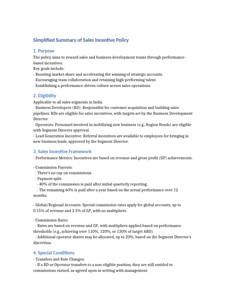 Simplified Sales Incentive Policy Summary | PDF | Business | Finance ...