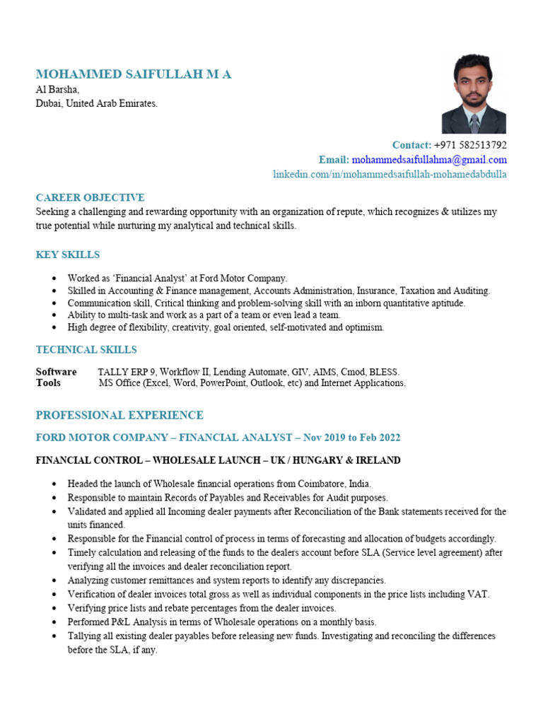Mohammed Saifullah M A - CV - Sakeerka | PDF | Accounts Payable | Business