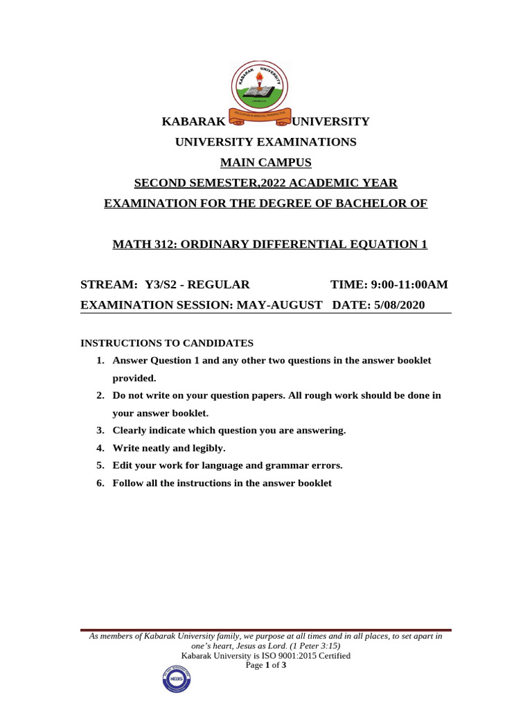 MATH 312 ORDINARY DIFFERENTIAL EQUATION 1 - Kabarak University | PDF | Equations | Subtraction