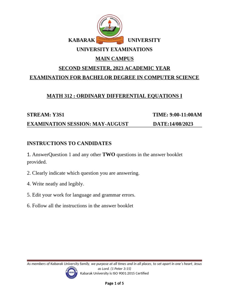 MATH 312 ORDINARY DIFFERENTIAL EQUATIONS I - Kabarak University | PDF | Ordinary Differential ...