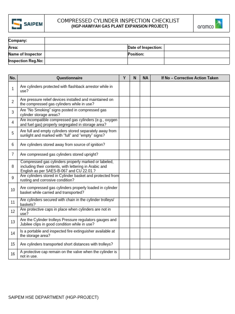 Compressed Cylinder Inspection Checklist | PDF