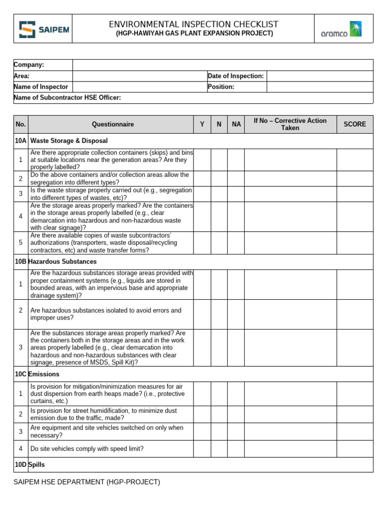 Environmental Inspection Checklist | PDF | Waste | Waste Management