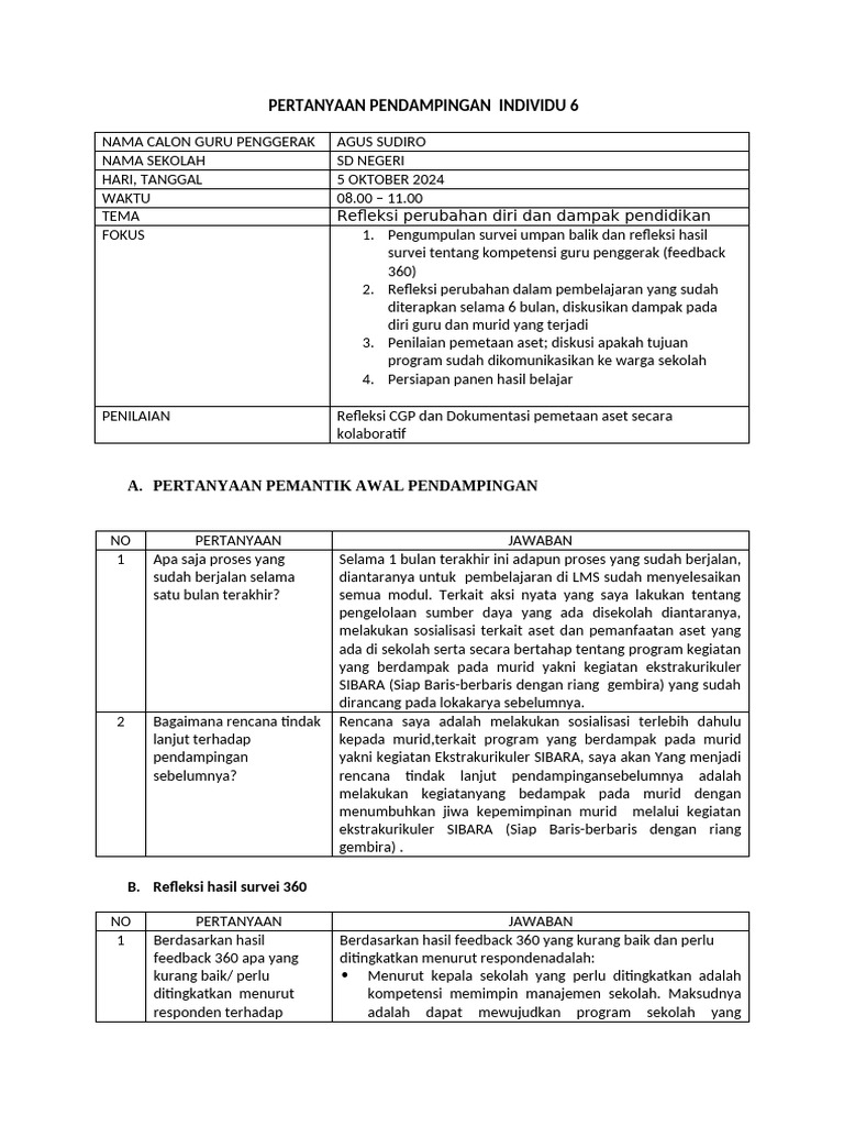 PERTANYAAN PENDAMPINGAN INDIVIDU 6 - Agus Sudiro | PDF