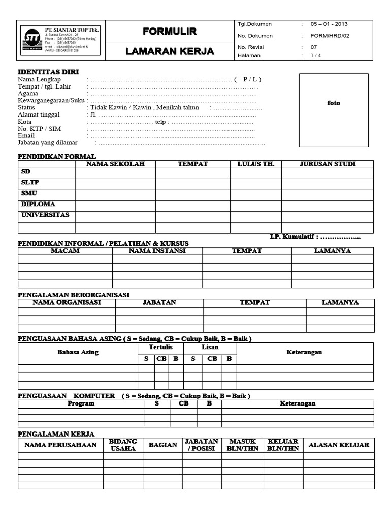 Formulir Lamaran Kerja Lengkap | PDF