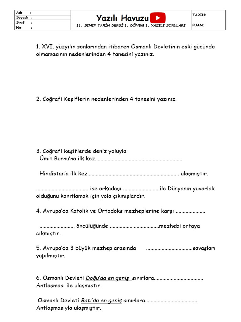 Tarih 11. Sınıf 1. Dönem 1. Klasik Yazılı Soruları PDF (Çözümlü) | PDF