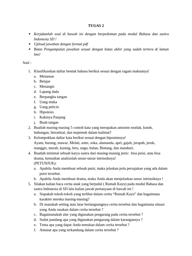 Soal Tugas 2 Bahasa Dan Sastra Indonesia Di SD | PDF | Kajian Bahasa Asing | Fiksi Umum