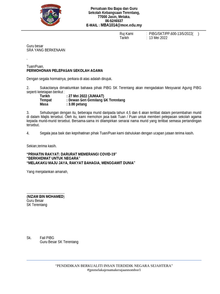 Surat Pelepasan Sekolah Agama | PDF