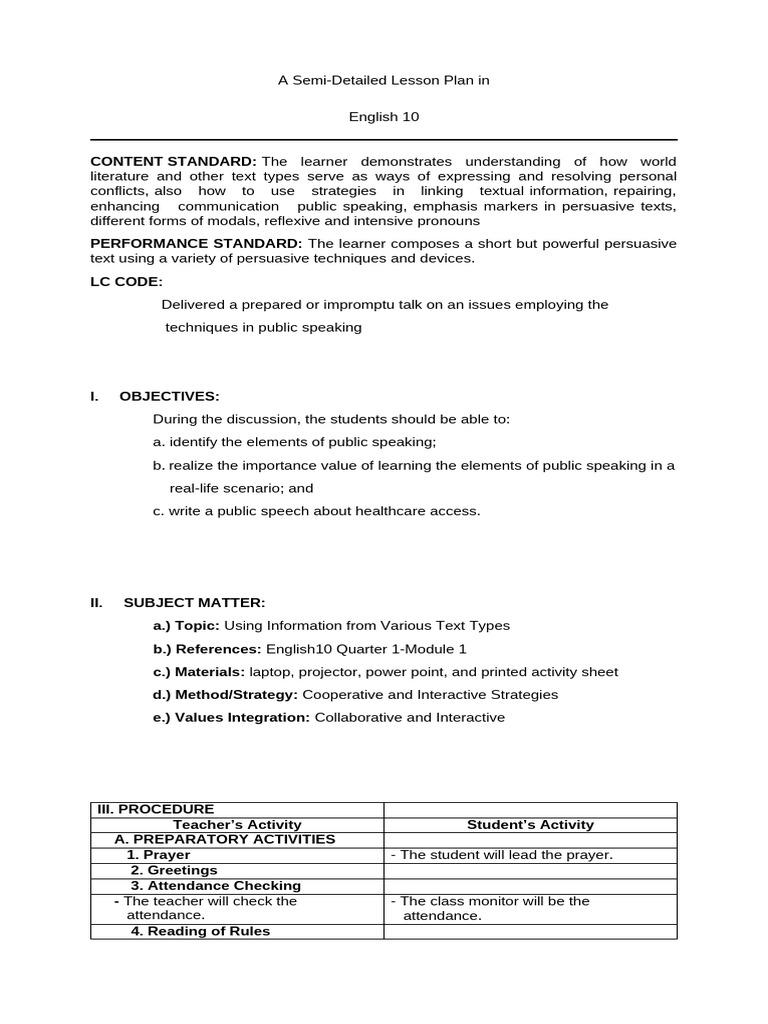 Lesson Plan: Public Speaking Skills | PDF | Public Speaking | Learning
