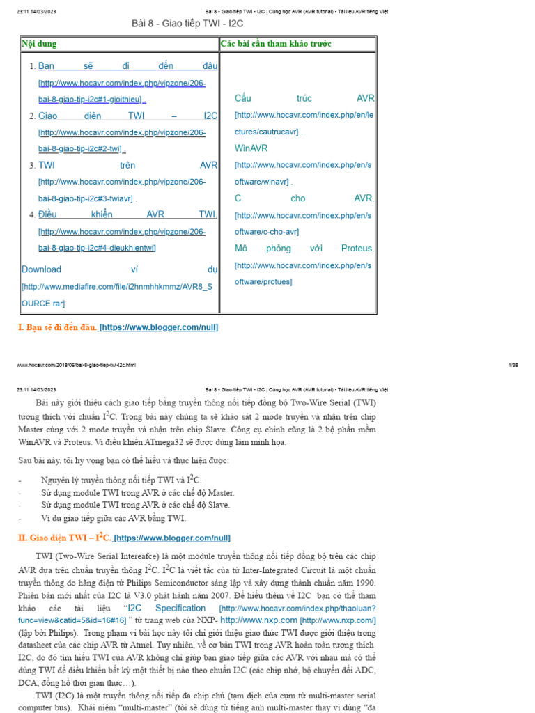 Bài 8 - Giao tiếp TWI - I2C - Cùng học AVR (AVR tutorial) - Tài liệu AVR tiếng Việt | PDF