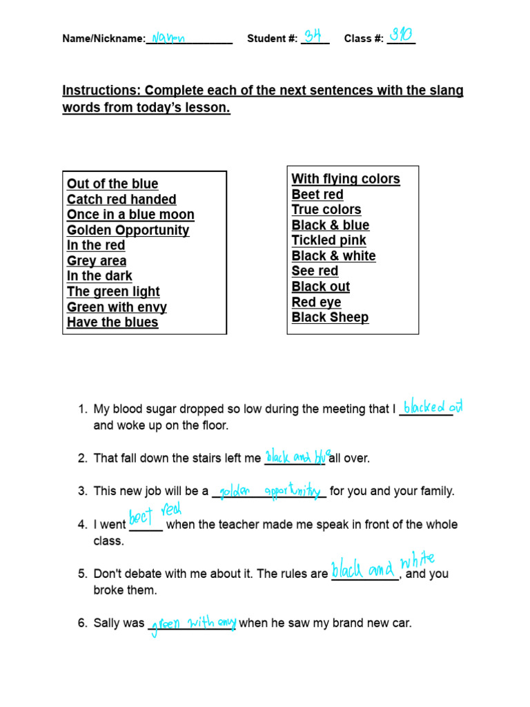 Color Idioms Worksheet | PDF
