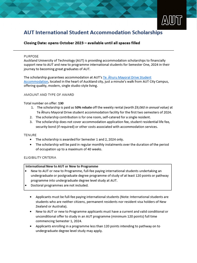 AUT International Student Accommodation Scholarships Regulations 2024 ...