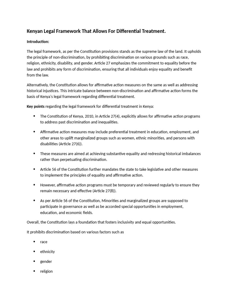 Kenyan Legal Framework That Allows For Differential Treatment. | PDF ...