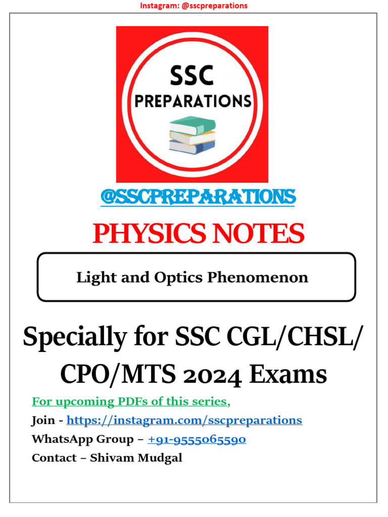 SSC CGL Physics: Light and Optics Notes | PDF | Mirror | Refraction