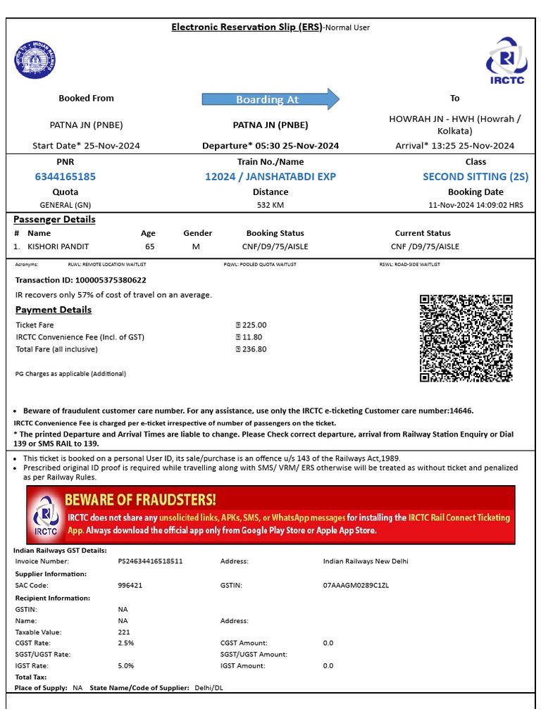 Janshatabdi Exp Second Sitting (2S) | PDF | Identity Document