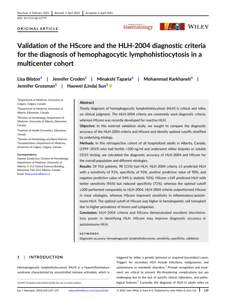 European J of Haematology - 2022 - Bilston - Validation of The HScore ...