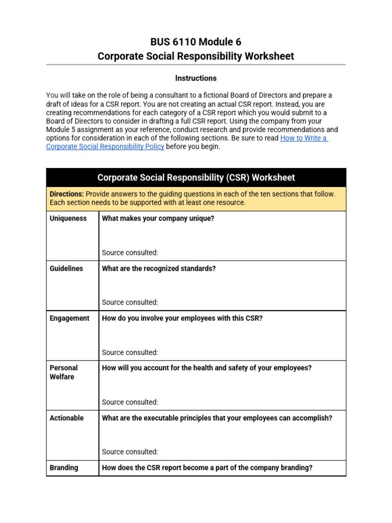 BUS6110 Module 6 Corporate Social Responsibility Worksheet | PDF