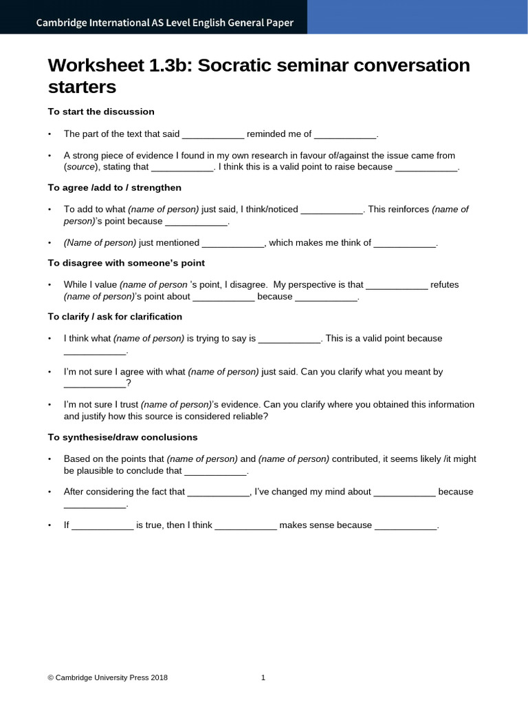 Worksheet 1 3b Socratic Seminar Conversation ASAL General Paper | PDF