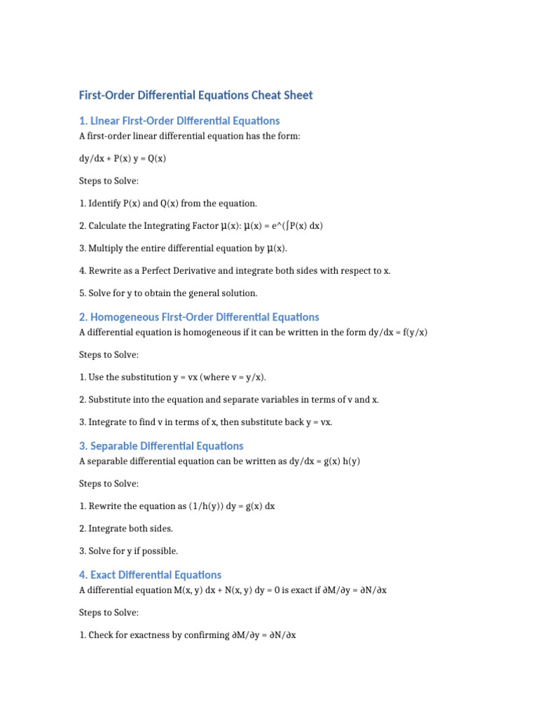 First Order Differential Equations Cheat Sheet | PDF | Language Arts ...