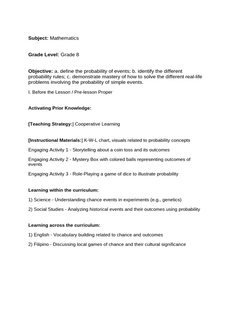 lesson_plan | PDF | Probability | Learning
