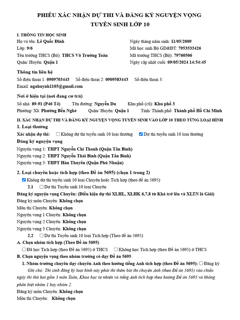 Phieu Dang Ky LeQuocDinh | PDF