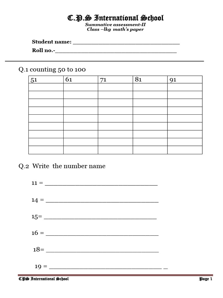 lkg class maths paper | PDF