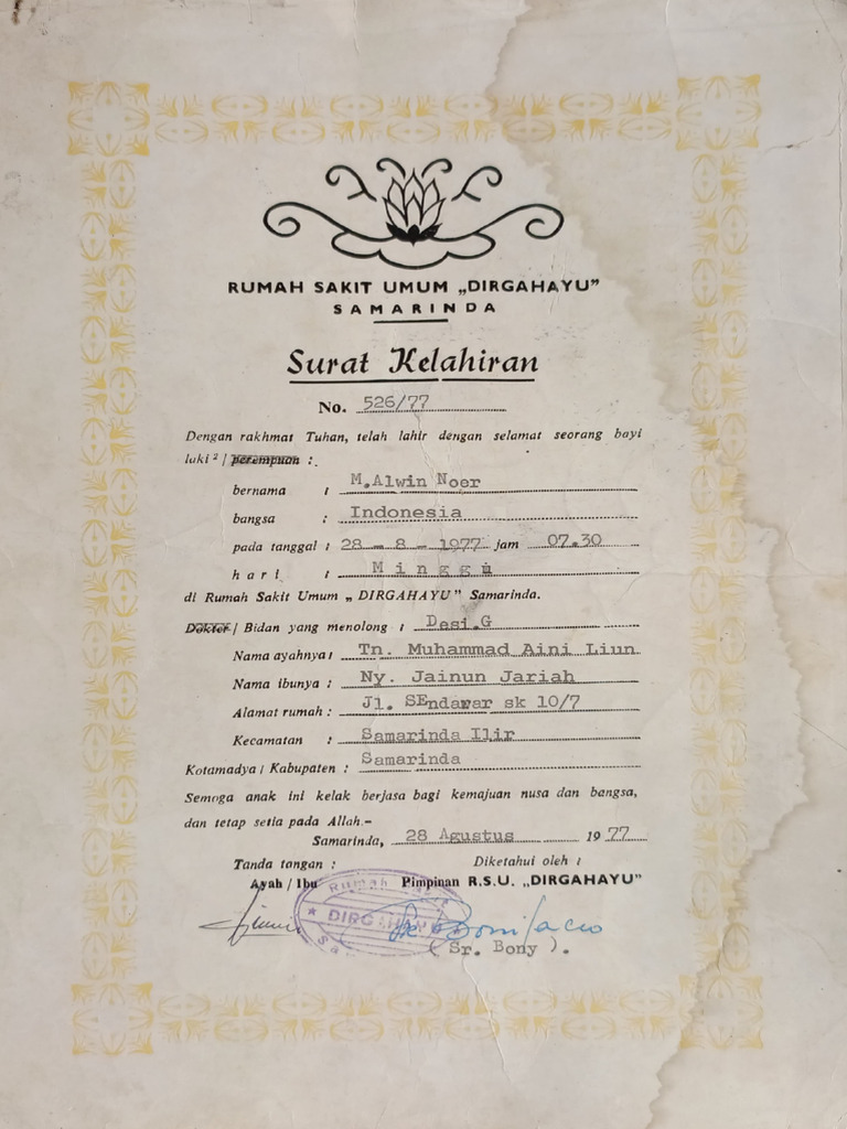 Surat Kelahiran Muhammad Alwin Noer | PDF