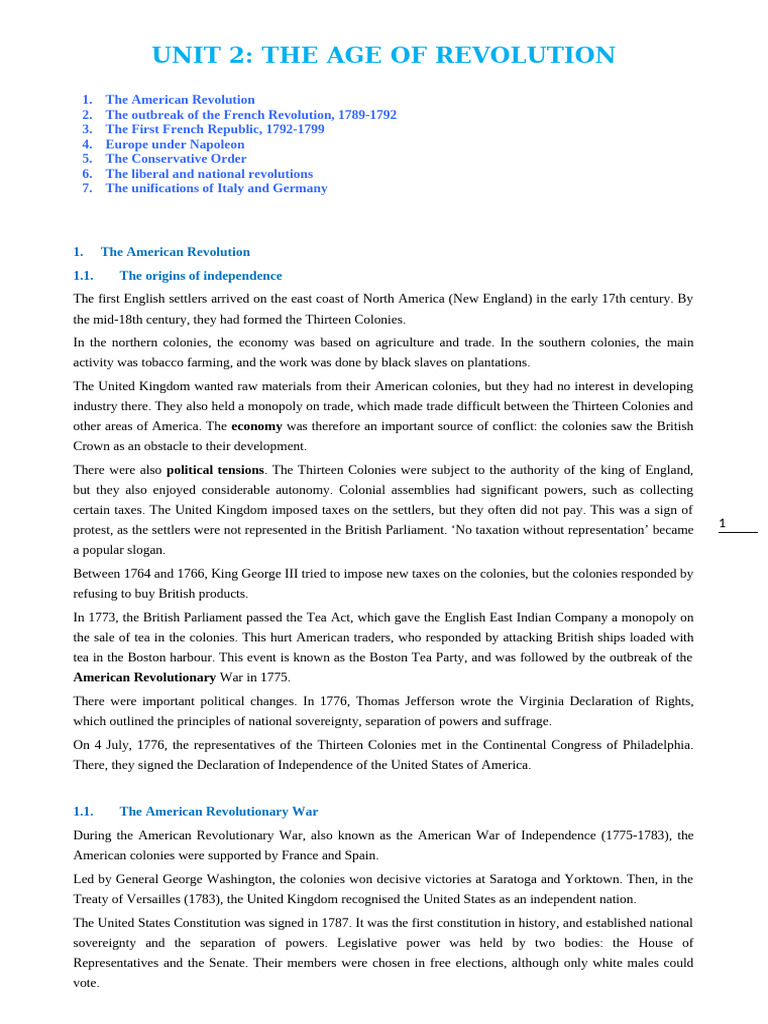 Unit 2 The Age of Revolution - Handout | PDF | Napoleon | First French ...