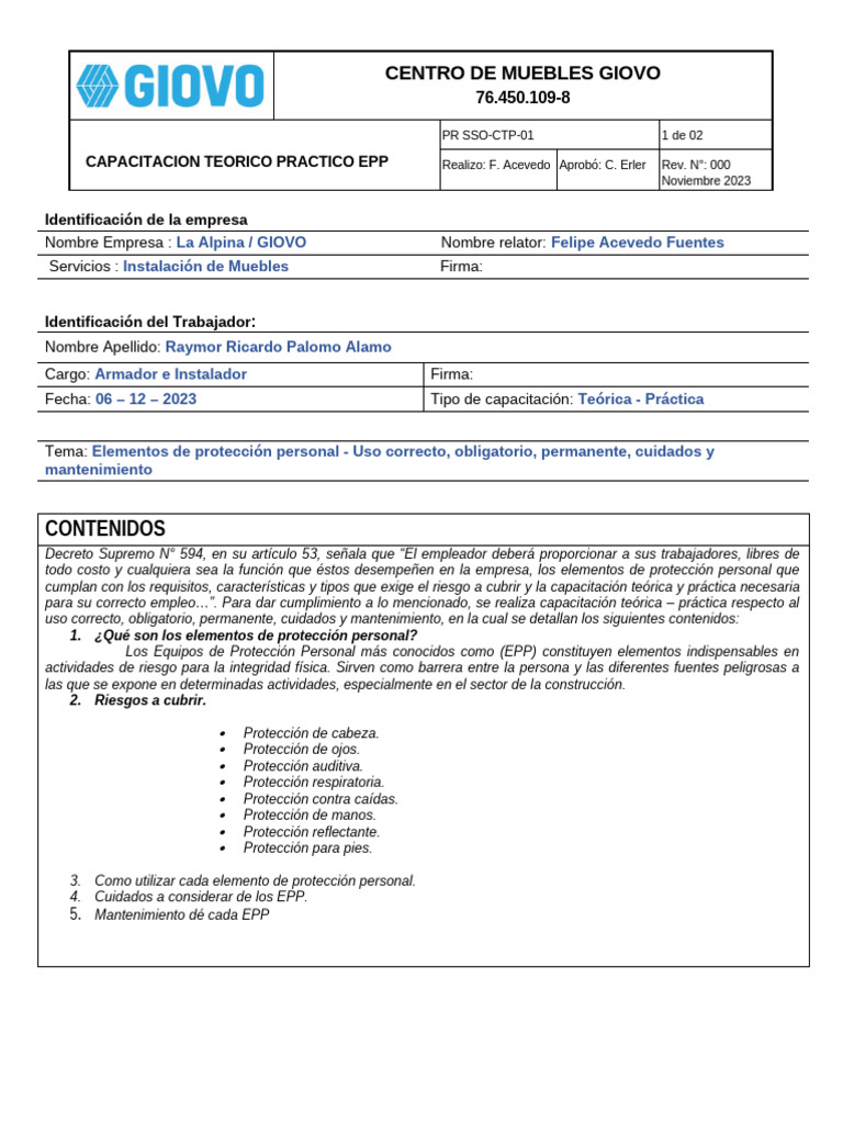 Capacitación Teorico Practico Epp | PDF