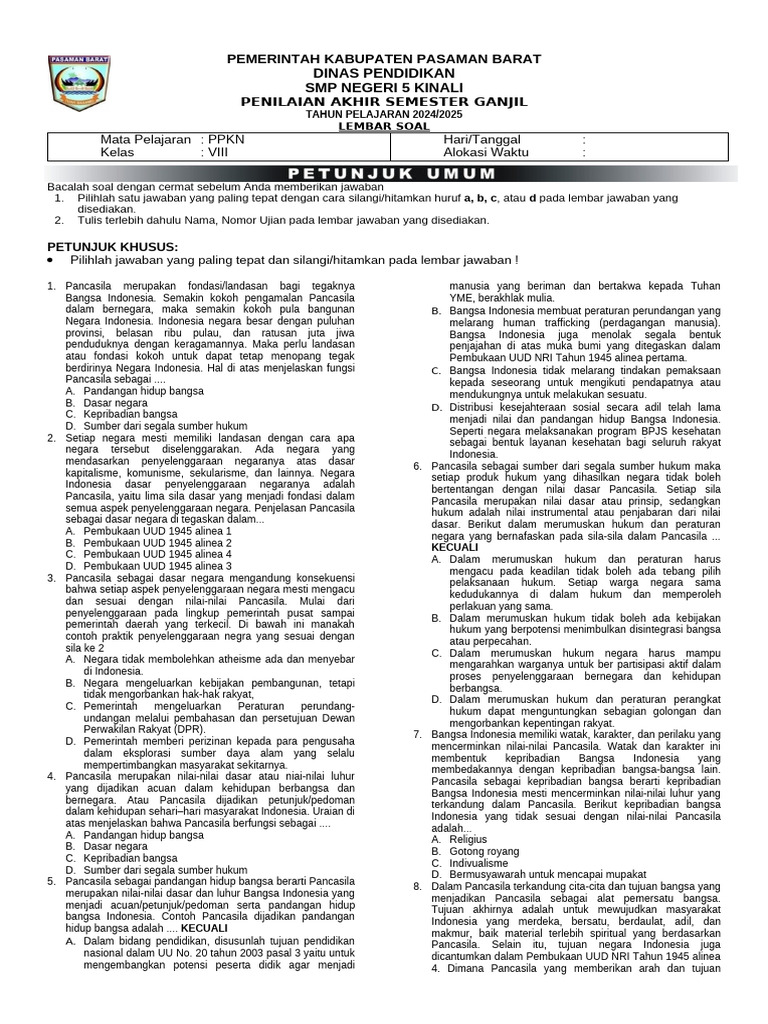 SOAL PPKN SMT 1 Kls 8 TP.2023-2024-2 | PDF