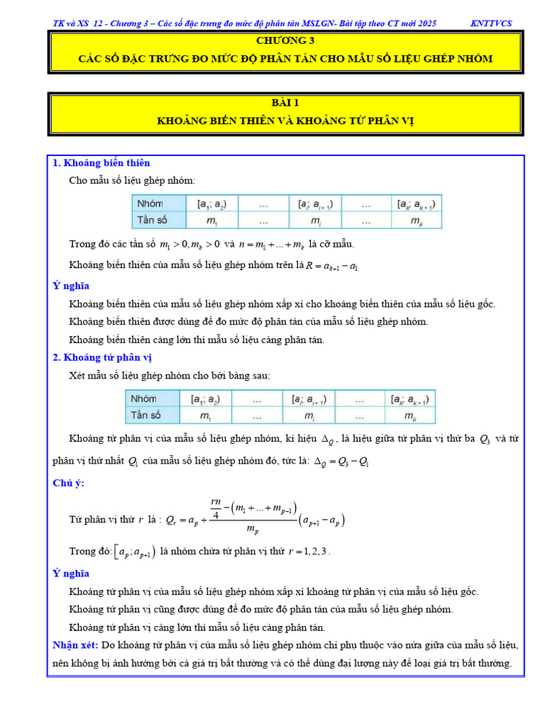 Cac Dang Bai Tap Cac So Dac Trung Do Muc Do Phan Tan Cua Mau So Lieu Ghep Nhom Toan 12 Knttvcs | PDF