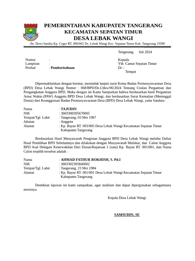 Surat Pemberitahuan Desa - Paw BPD | PDF