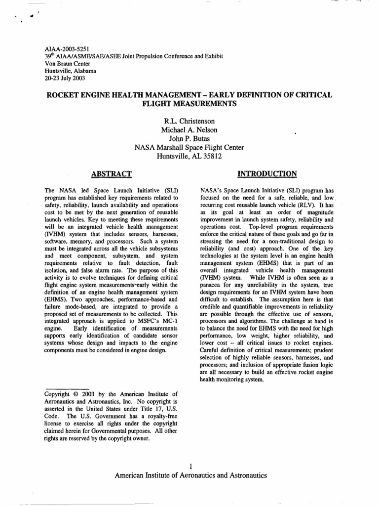 2003 - ROCKET ENGINE HEALTH MANAGEMENT - EARLY DEFINITION OF CRITICAL ...