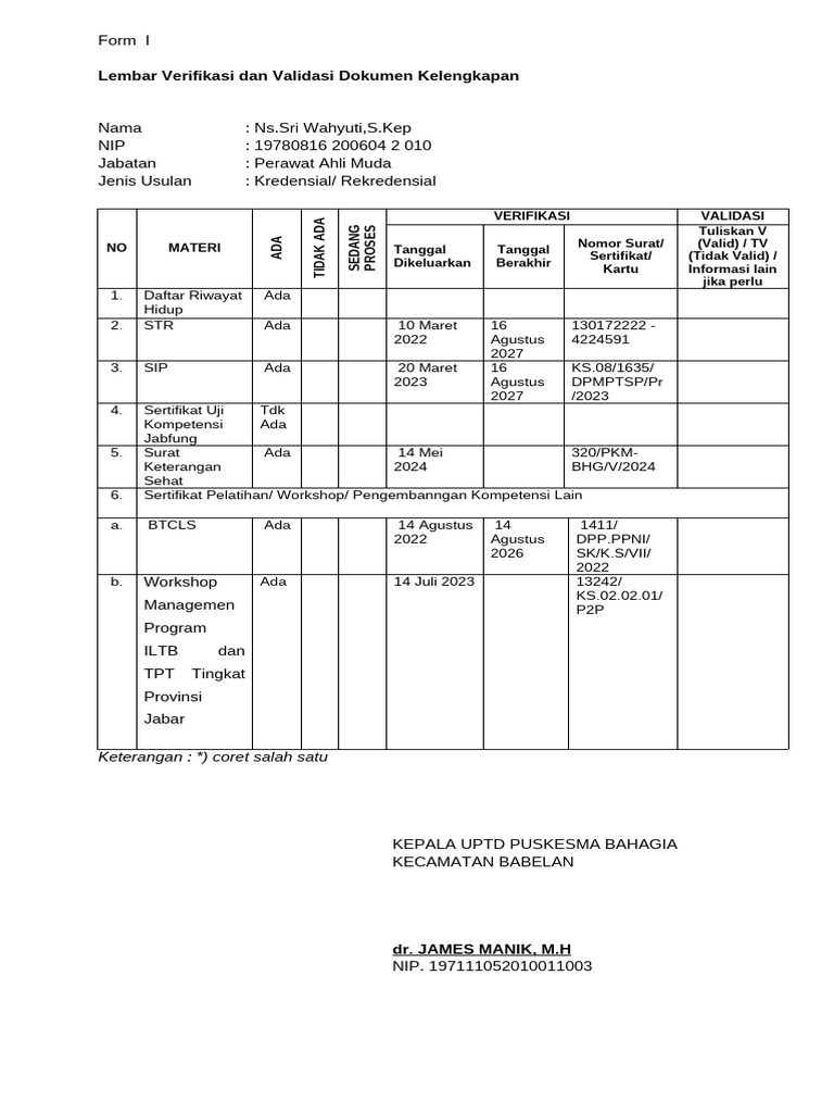 Lampiran Form 1 - Lembar Verifikasi Dan Validasi Kelengkapan Dokumen | PDF