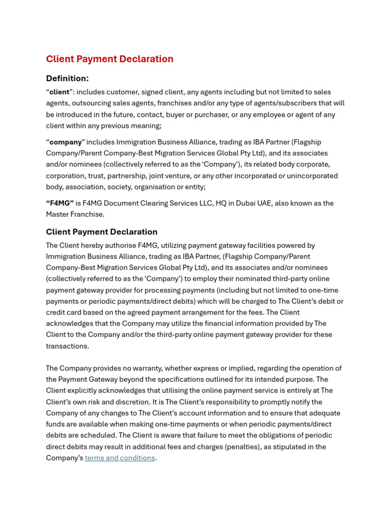 Client Payment Declaration Agreement | PDF | Debit Card | Payments
