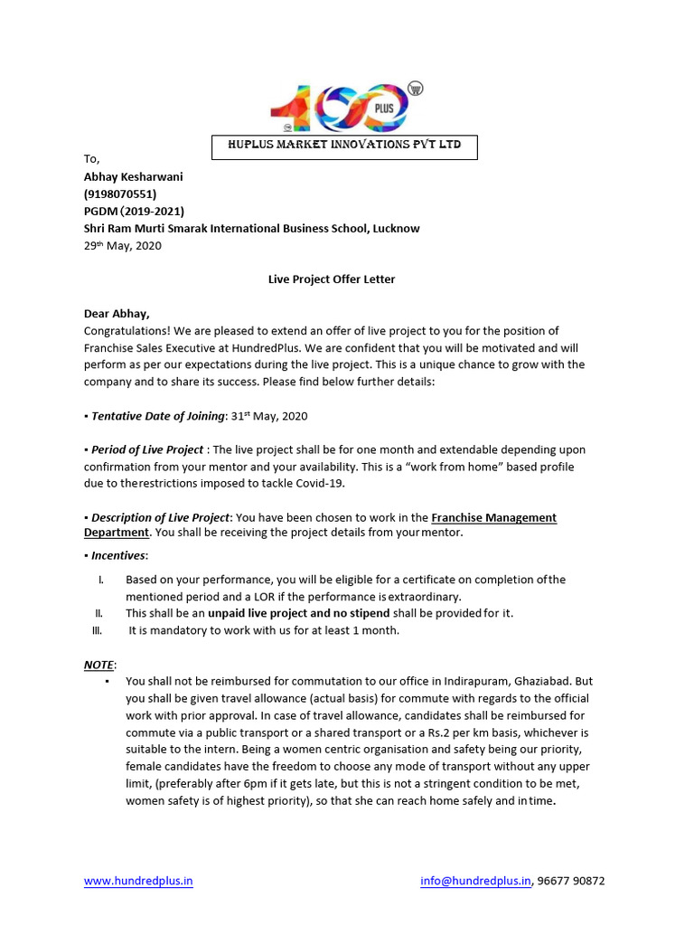 Hundred Plus - Live Project - Offer Letter | PDF | Career & Growth