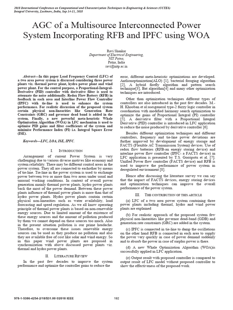 AGC of A Multisource Interconnected Power System Incorporating RFB and IPFC Using WOA | PDF ...