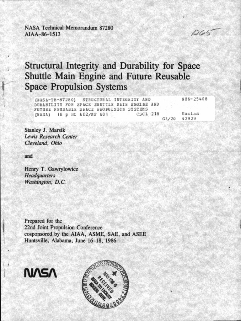 1986 - Structural Integrity and Durability For Space Shuttle Main ...