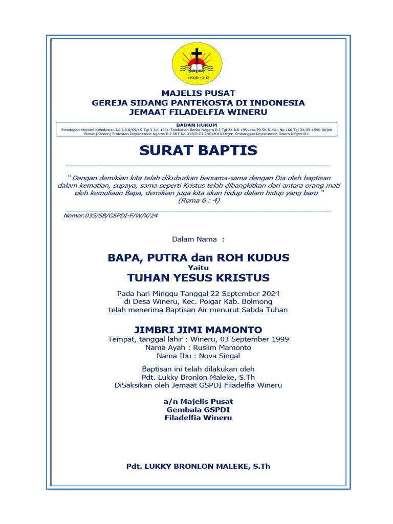 SURAT Baptis GBL Luki | PDF