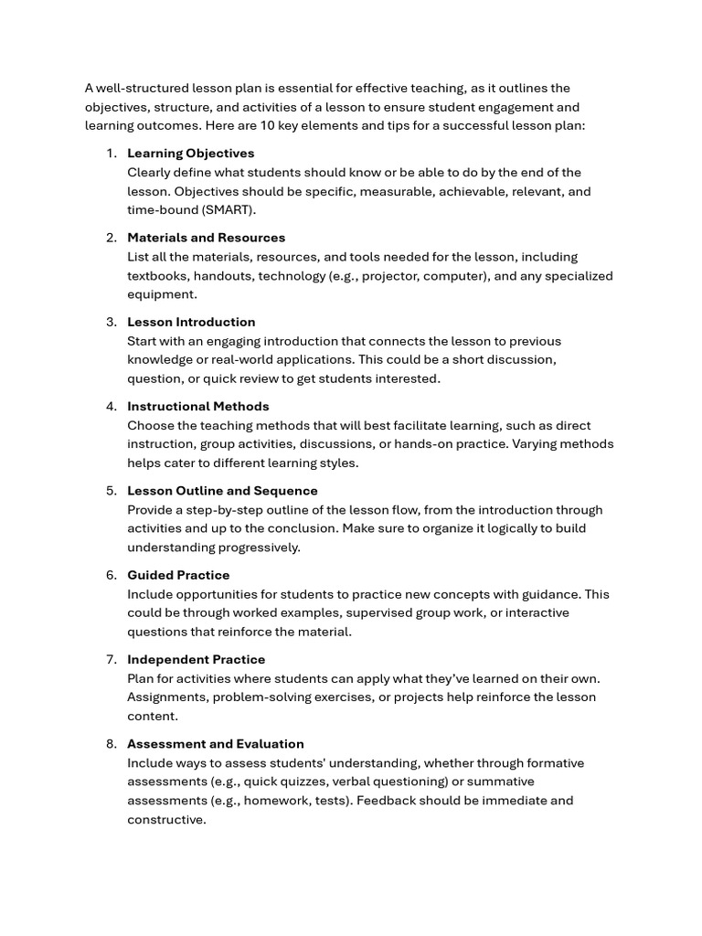 10 Key Elements of a Lesson Plan | PDF | Lesson Plan | Educational ...
