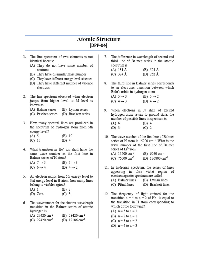 Atomic Structure DPP-4,6,7,8 | PDF | Physical Phenomena | Molecular Physics