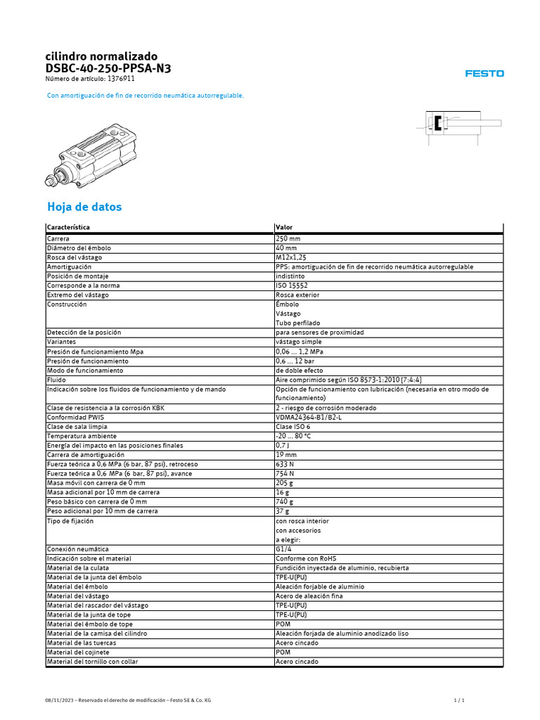 Datasheet Cilindro FESTO 1376911 | PDF | Pistón | Aluminio
