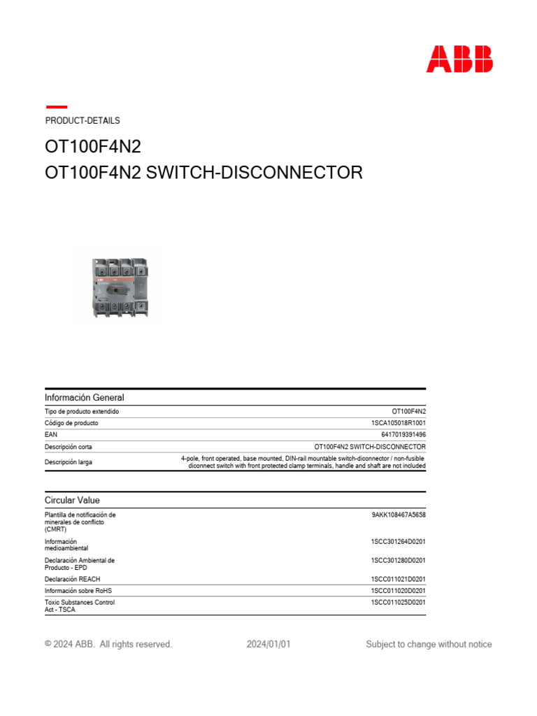 Datasheet Interruptor Seccionador ABB OT100F4N2 | PDF | Electromagnetismo | Electricidad
