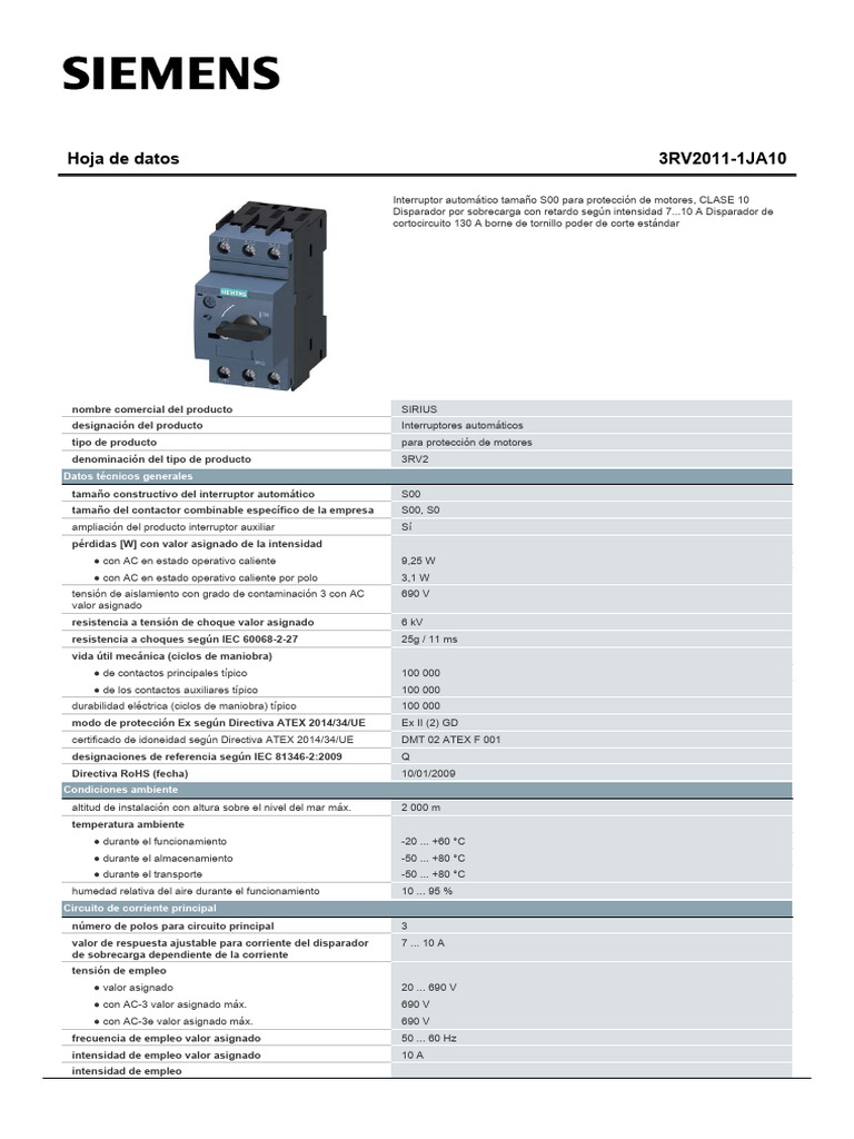 Datasheet Interruptor Magnetotérmico SIEMENS 3RV20111JA10 | PDF ...